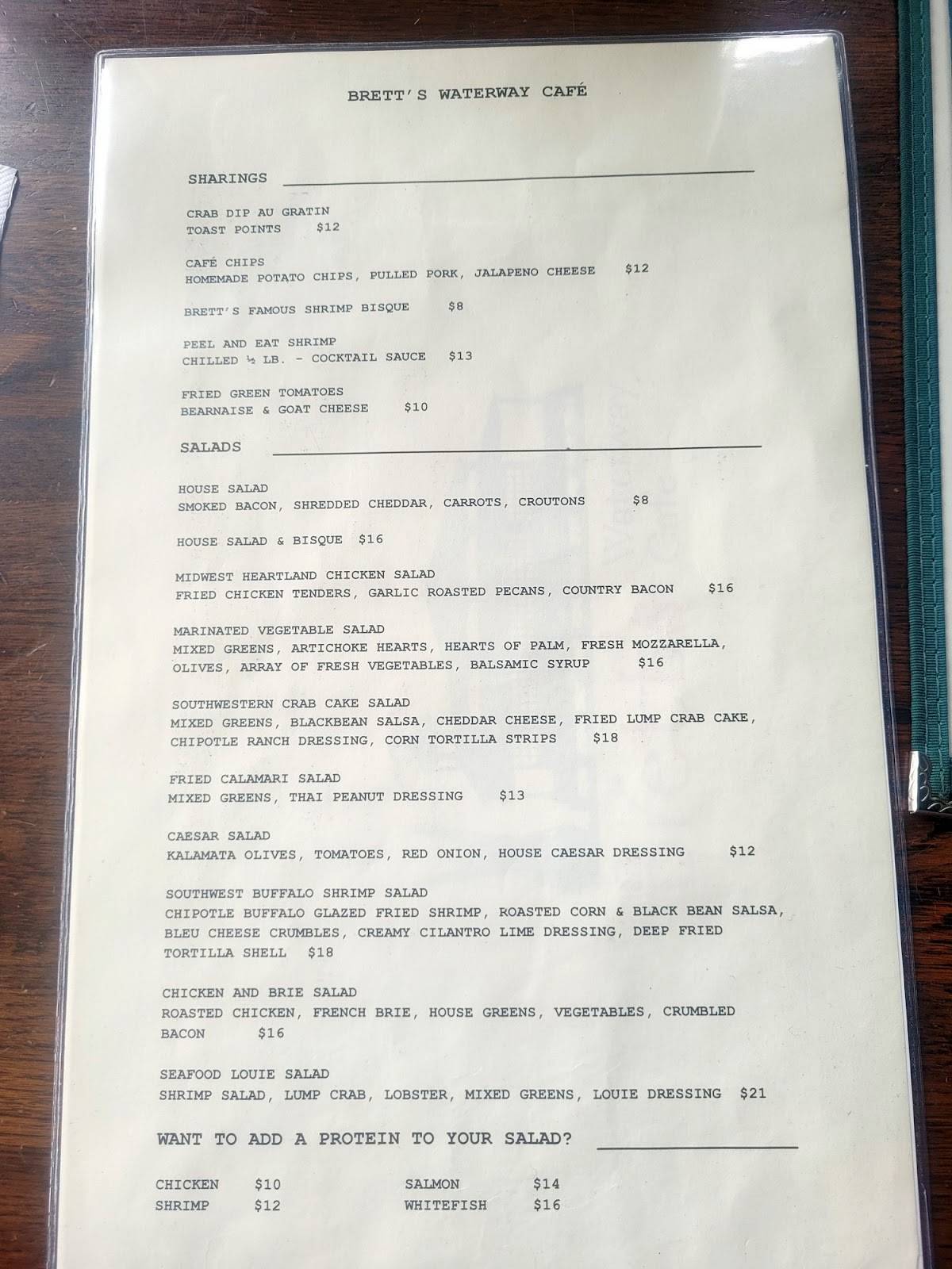 Menu at Brett's Waterway Cafe, Fernandina Beach
