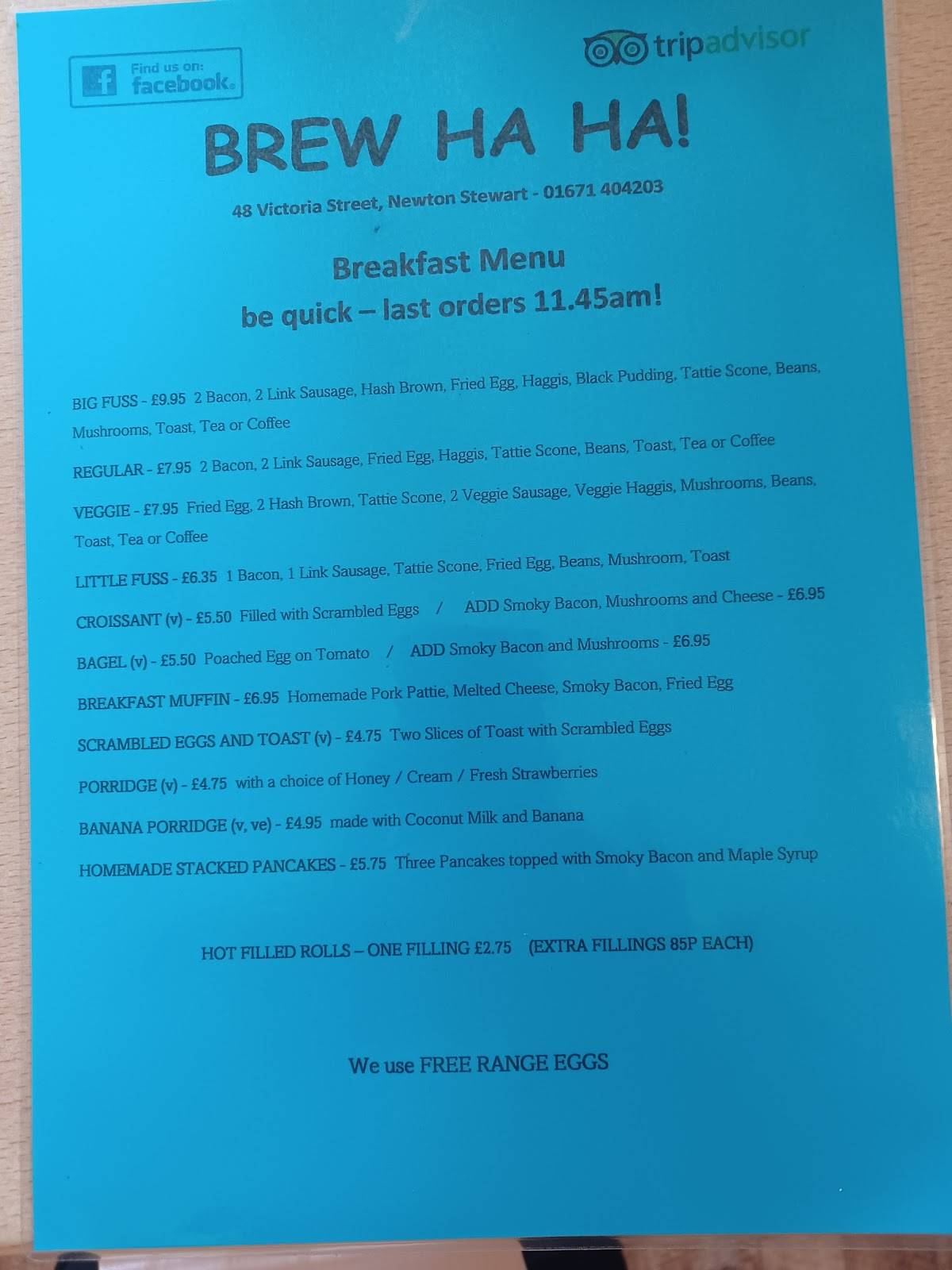 Menu at Brew Ha Ha cafe, Newton Stewart