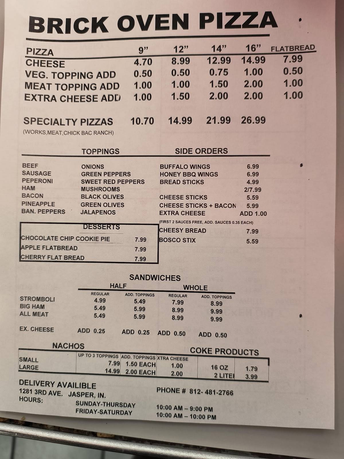 Menu at Brick Oven Pizza pizzeria, Jasper, Third Ave