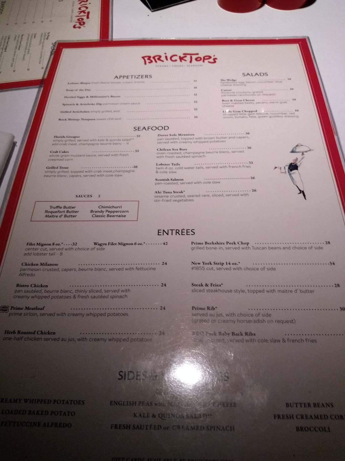 Menu at BrickTop's restaurant, Nashville, West End Ave