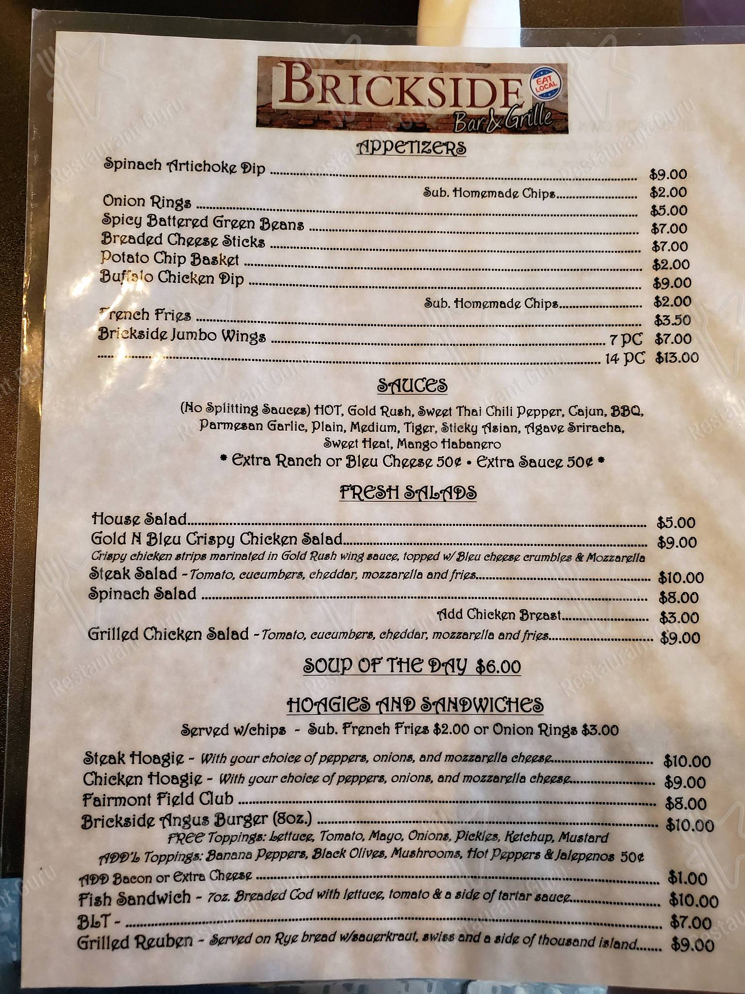 Menu at Brickside on the Green restaurant, Fairmont