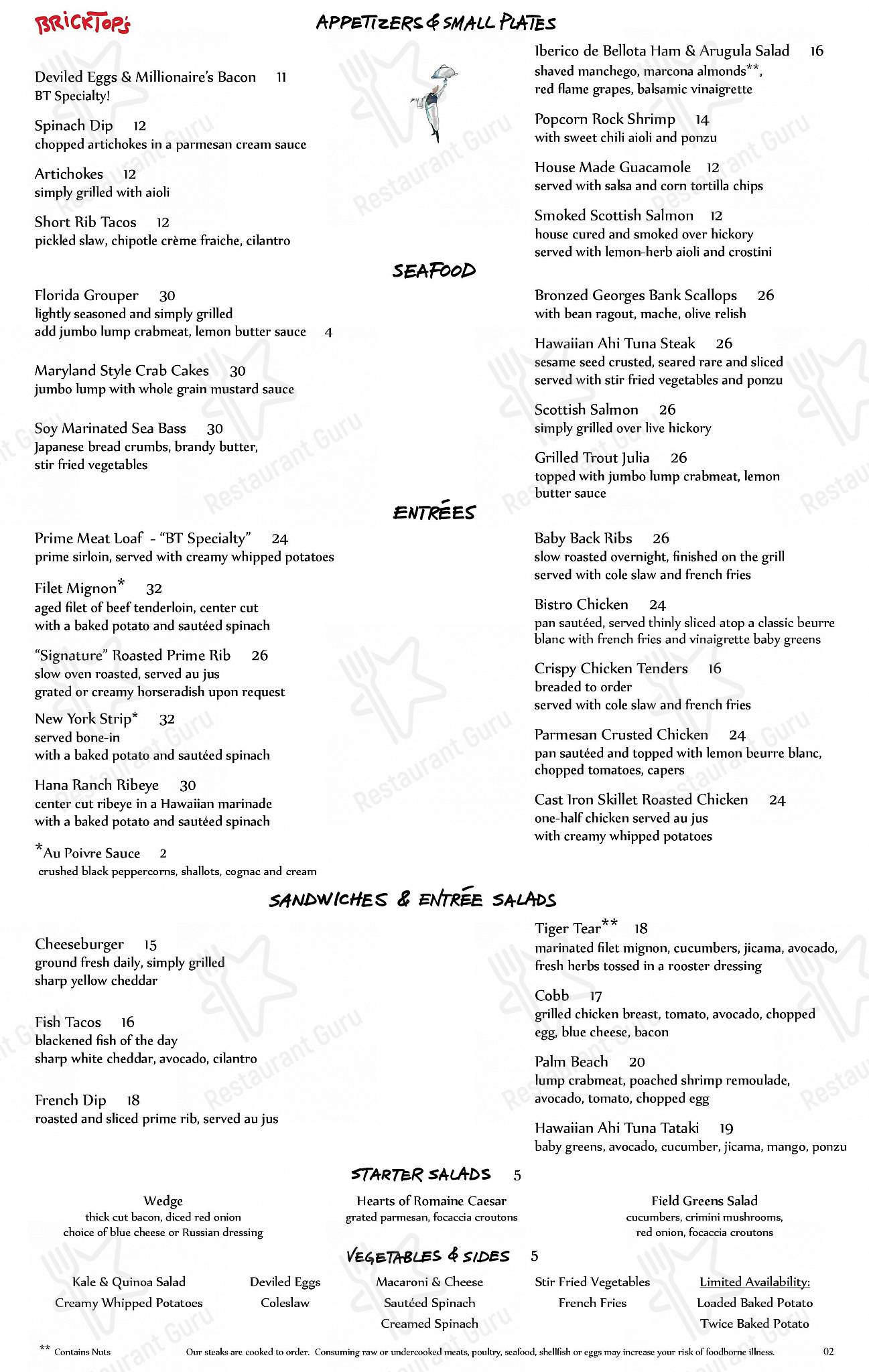 Menu at BrickTop's restaurant, Nashville, West End Ave