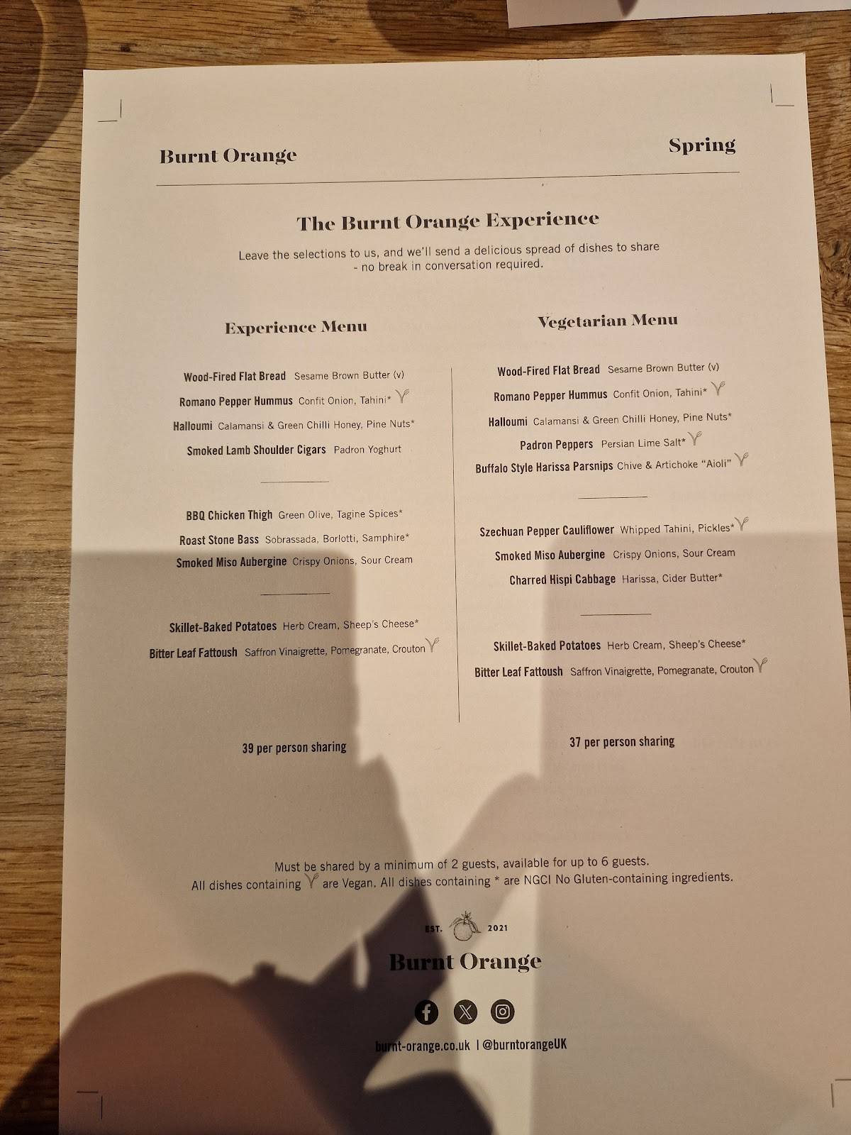 Menu at Burnt Orange restaurant, Brighton