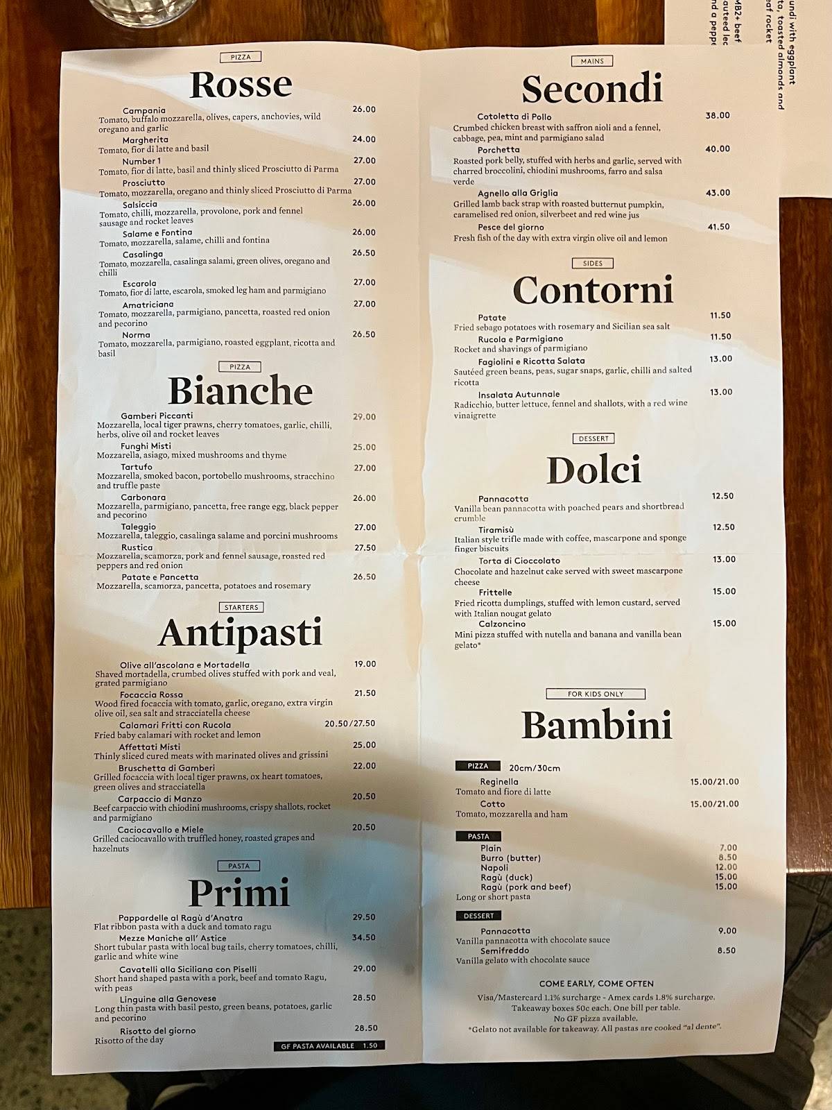 Menu at Julius Pizzeria, South Brisbane