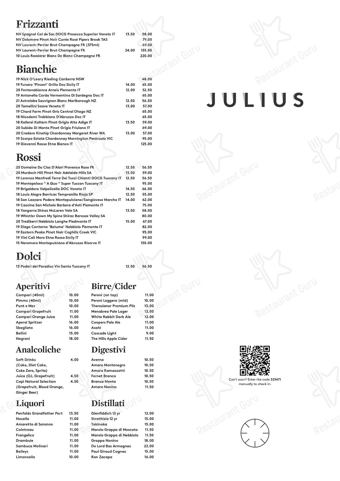 Menu at Julius Pizzeria, South Brisbane