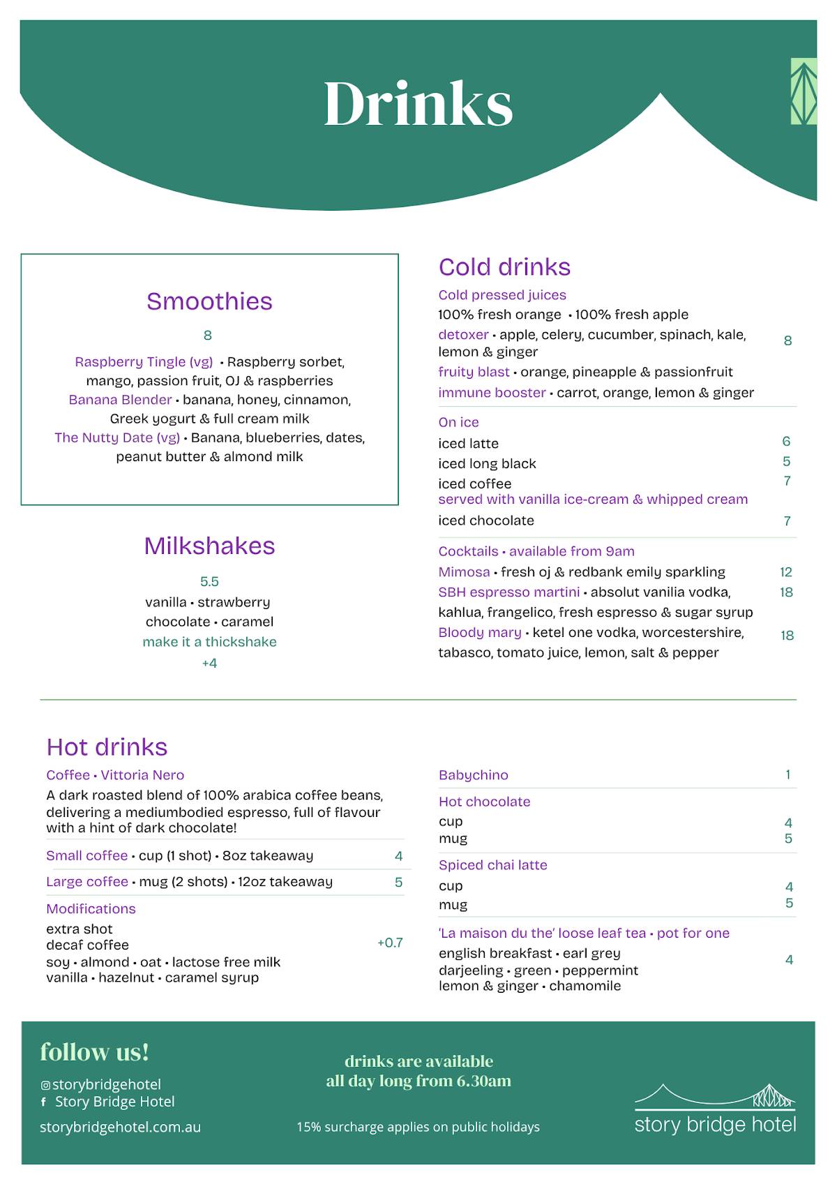 Menu at Story Bridge Hotel restaurant, Kangaroo Point