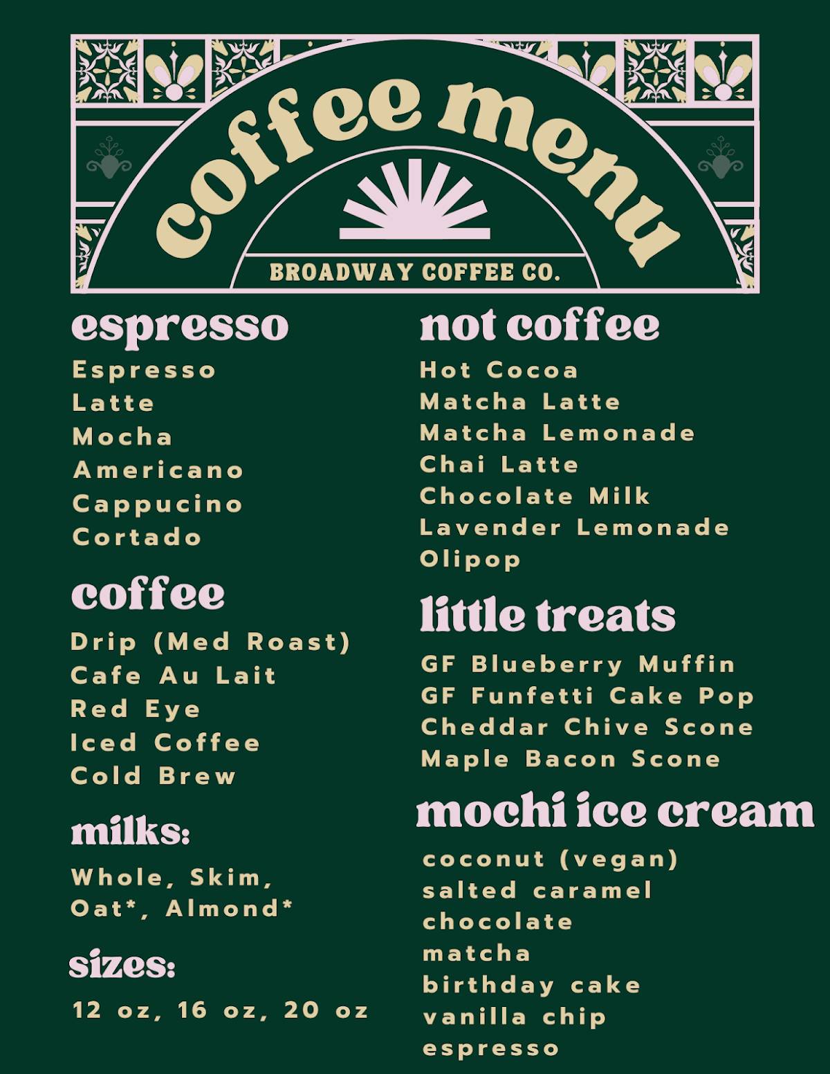 Menu at Broadway Coffee Co. restaurant, Saratoga Springs