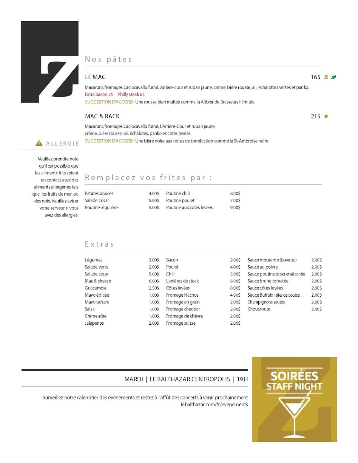 Menu au Le Balthazar Quartier DIX30 restaurant, Brossard