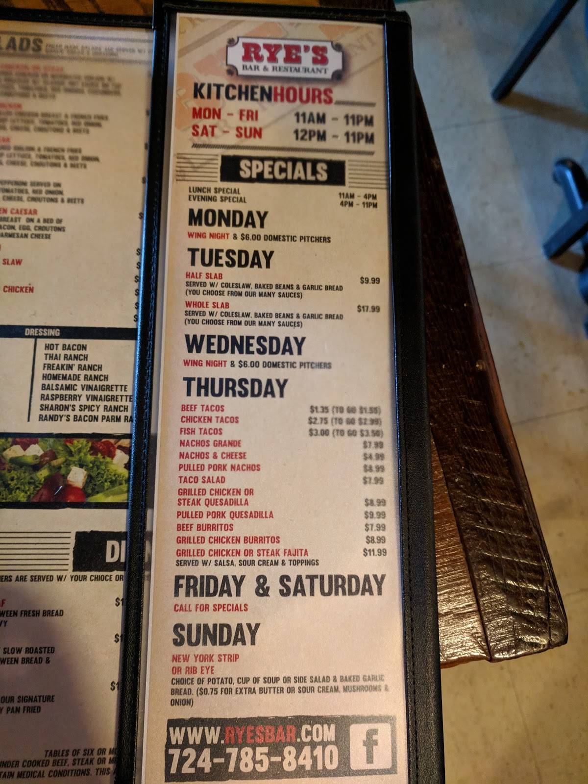 Menu at Rye's Bar & Restaurant, Brownsville