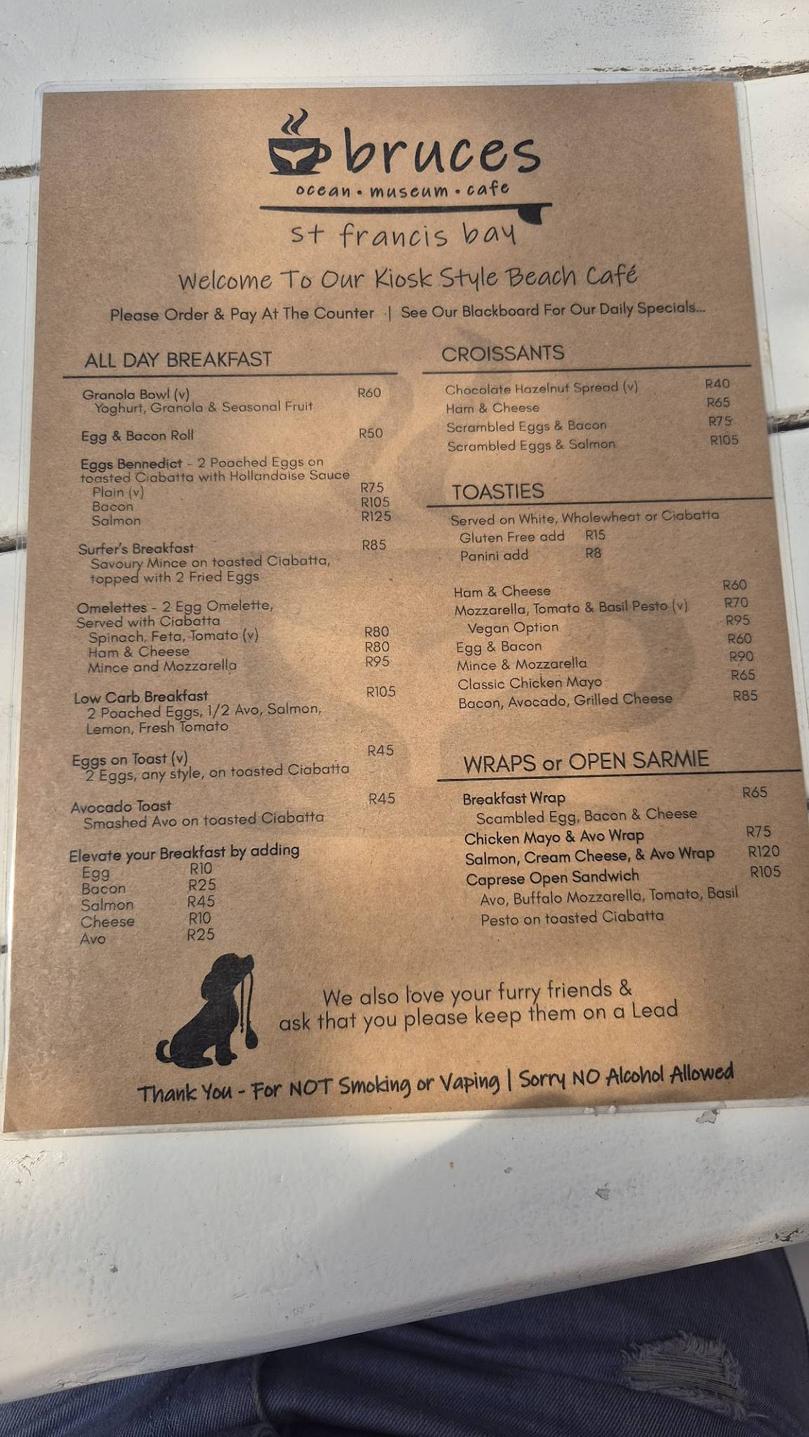 Menu at Bruce's Ocean Museum & Cafe, Saint Francis Bay
