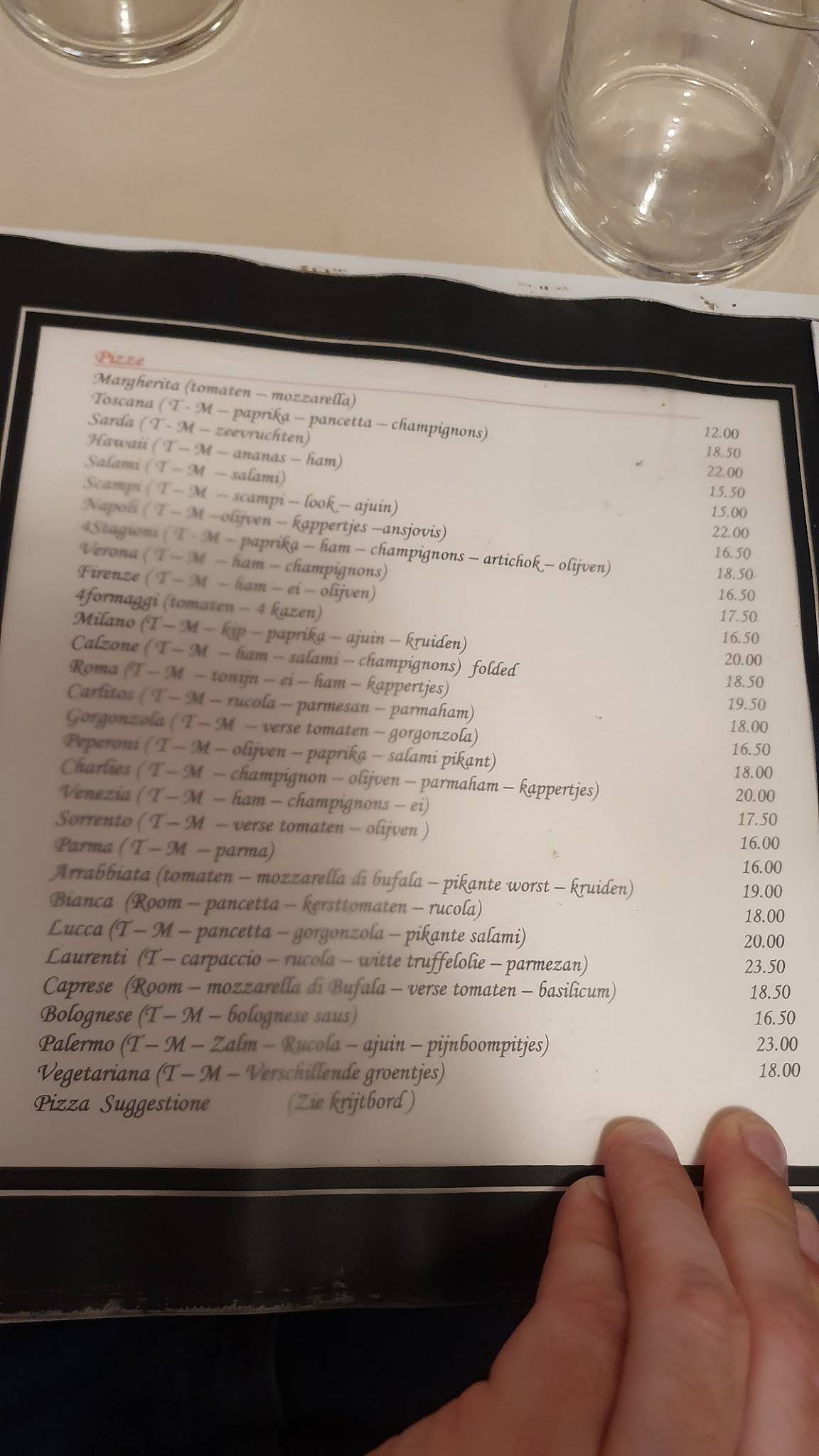 Menu at Carlito's, Bruges