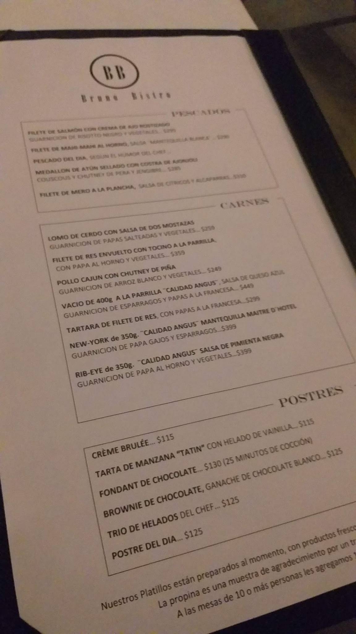 Menu at Bruno restaurant, Merida