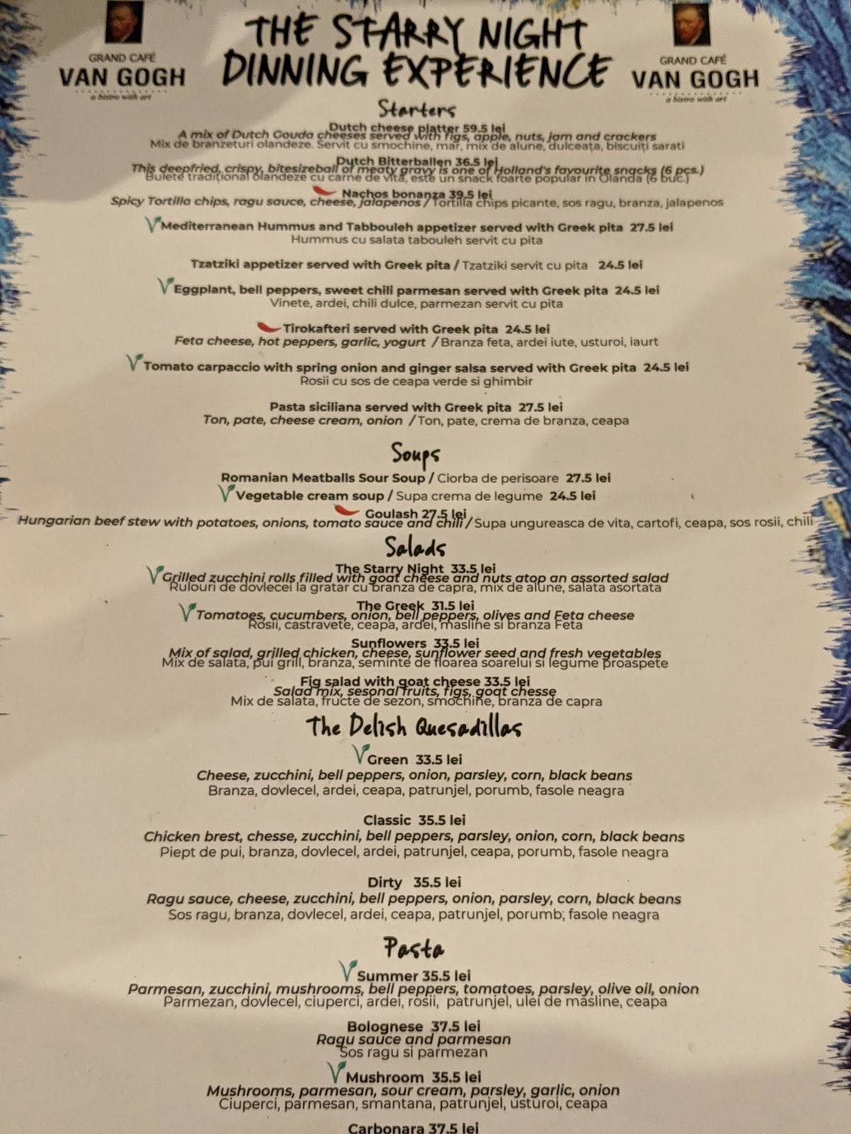 Menu at Grand Café Van Gogh, Bucharest