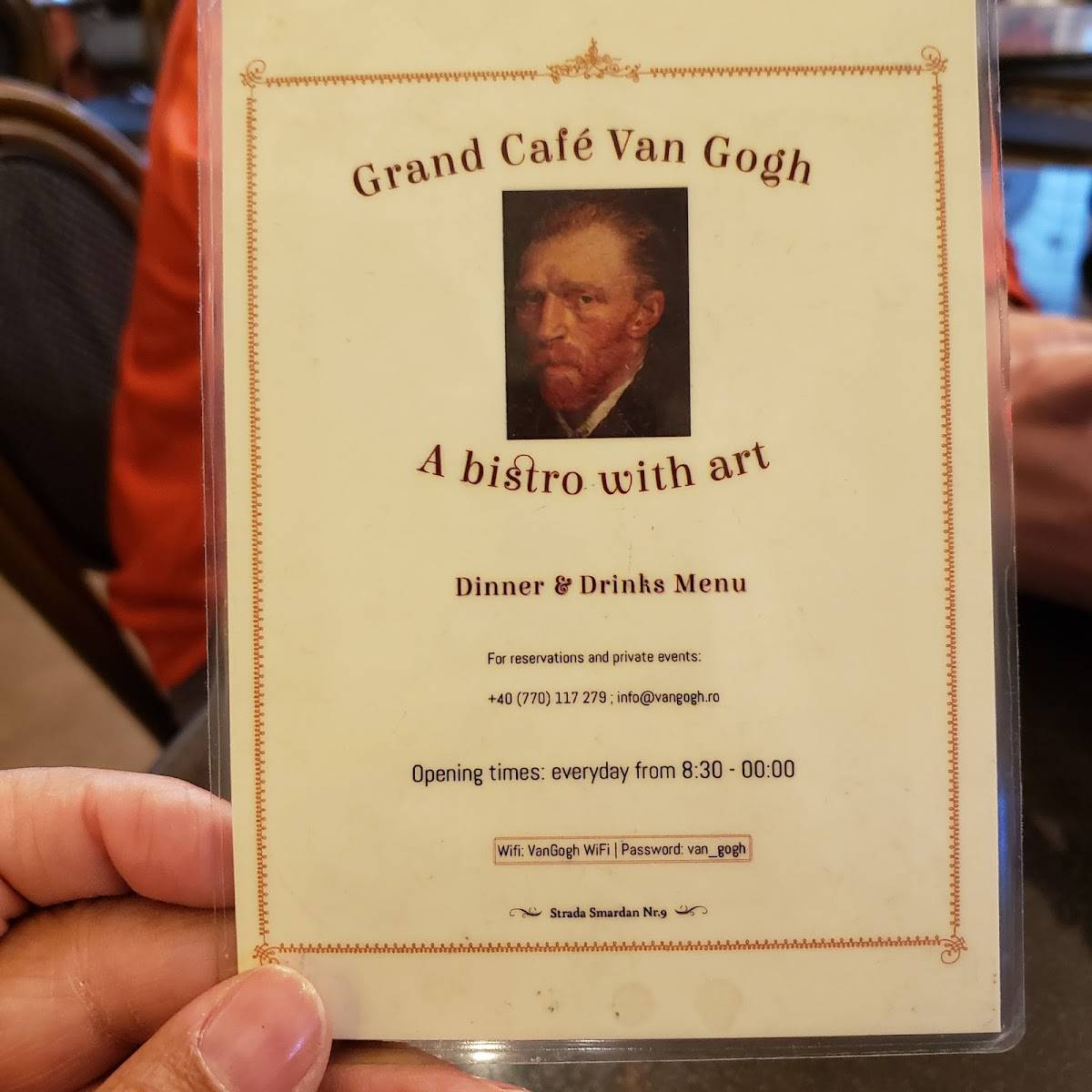 Menu at Grand Café Van Gogh, Bucharest