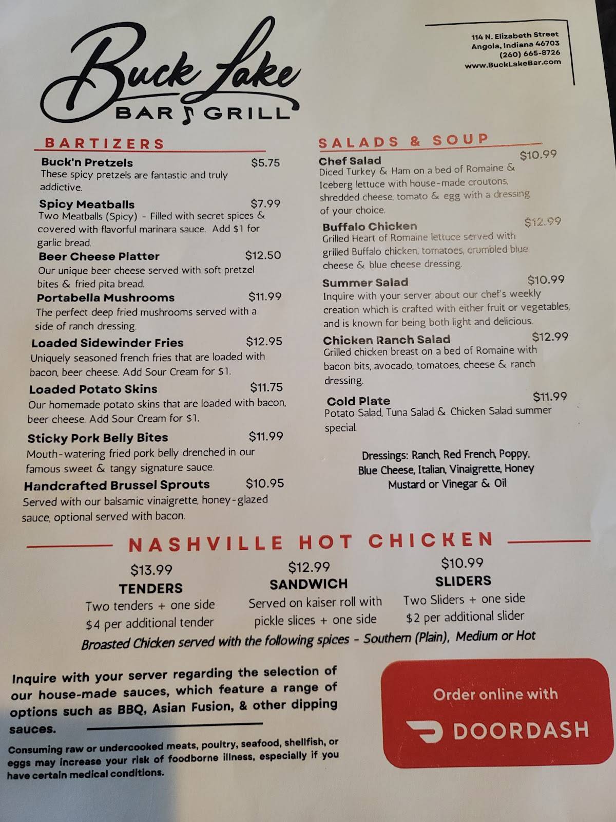 Menu at Buck Lake Bar & Grill, Angola