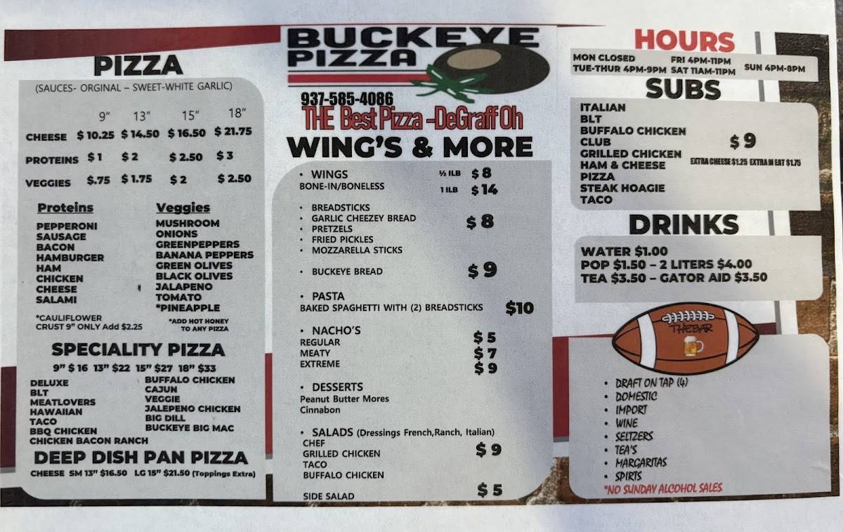 Menu at Buckeye Pizza & Brew DeGraff pizzeria, De Graff