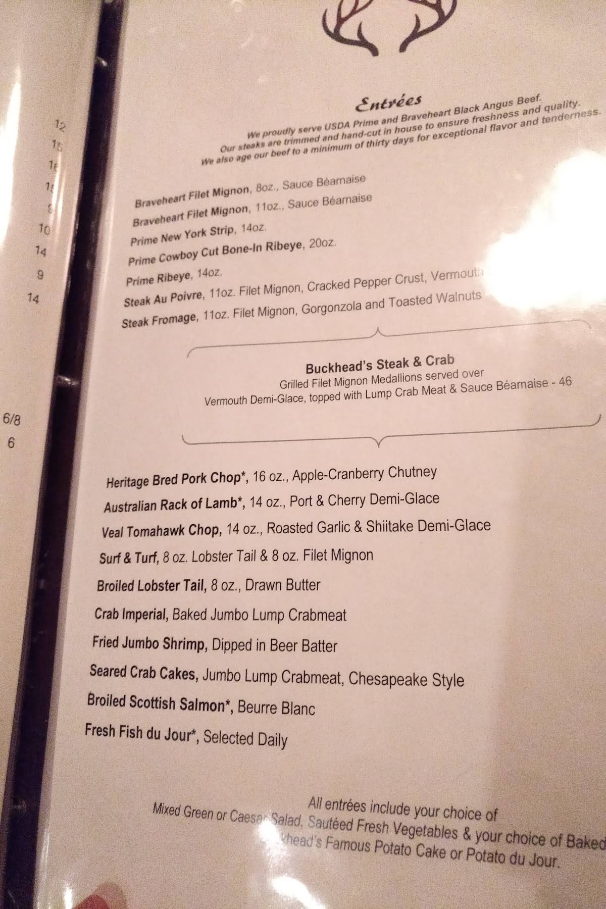 Menu at Buckhead's steakhouse, Richmond