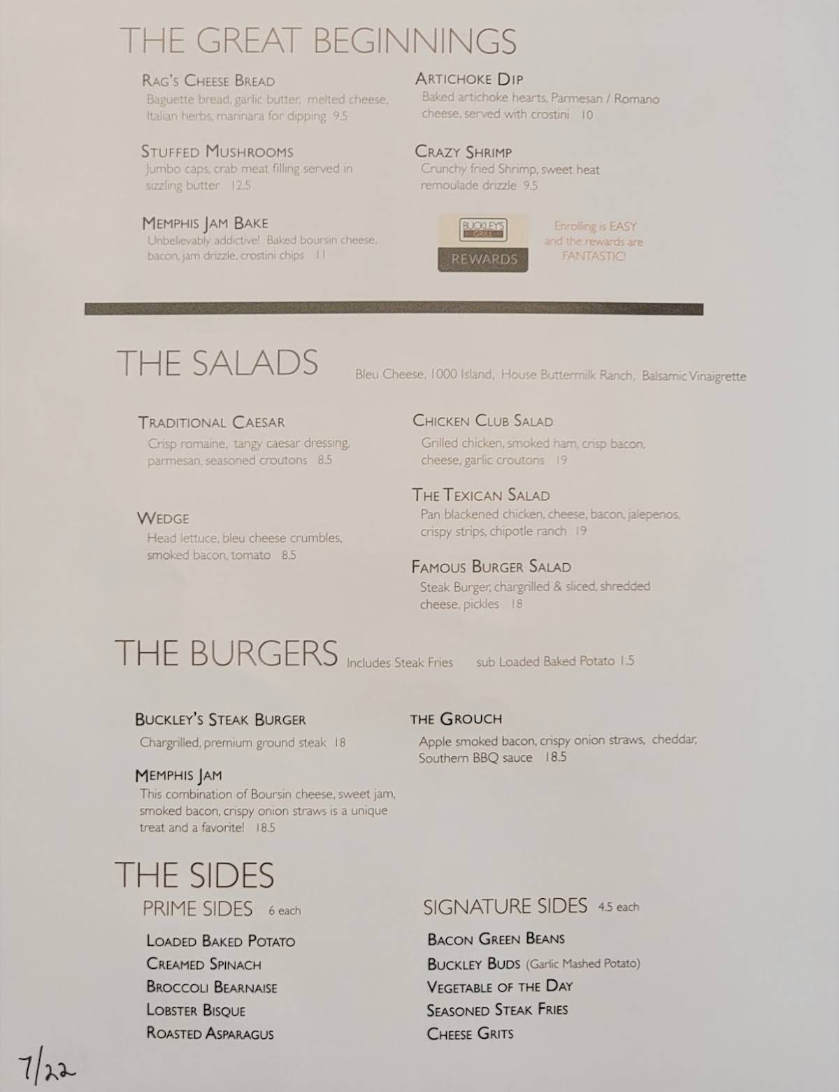 Menu at Buckley's Grill steakhouse, Memphis, Poplar Ave