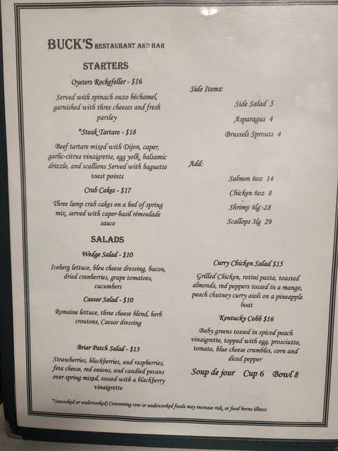 Menu at Buck's Restaurant, Louisville