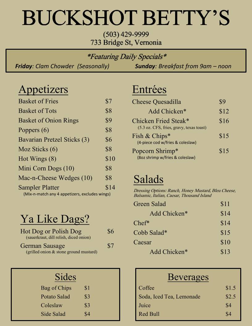 Menu at Buckshot Betty's pub & bar, Vernonia