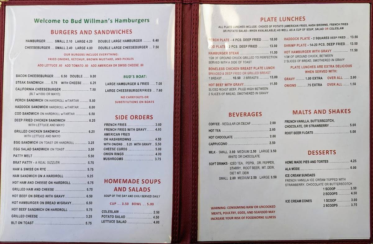 Menu at Bud Willman's Lunch restaurant, Manitowoc