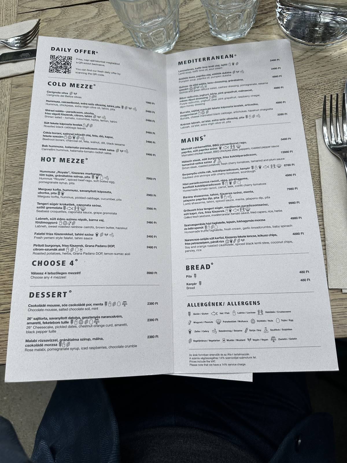 Menu at Twentysix Budapest restaurant, Budapest