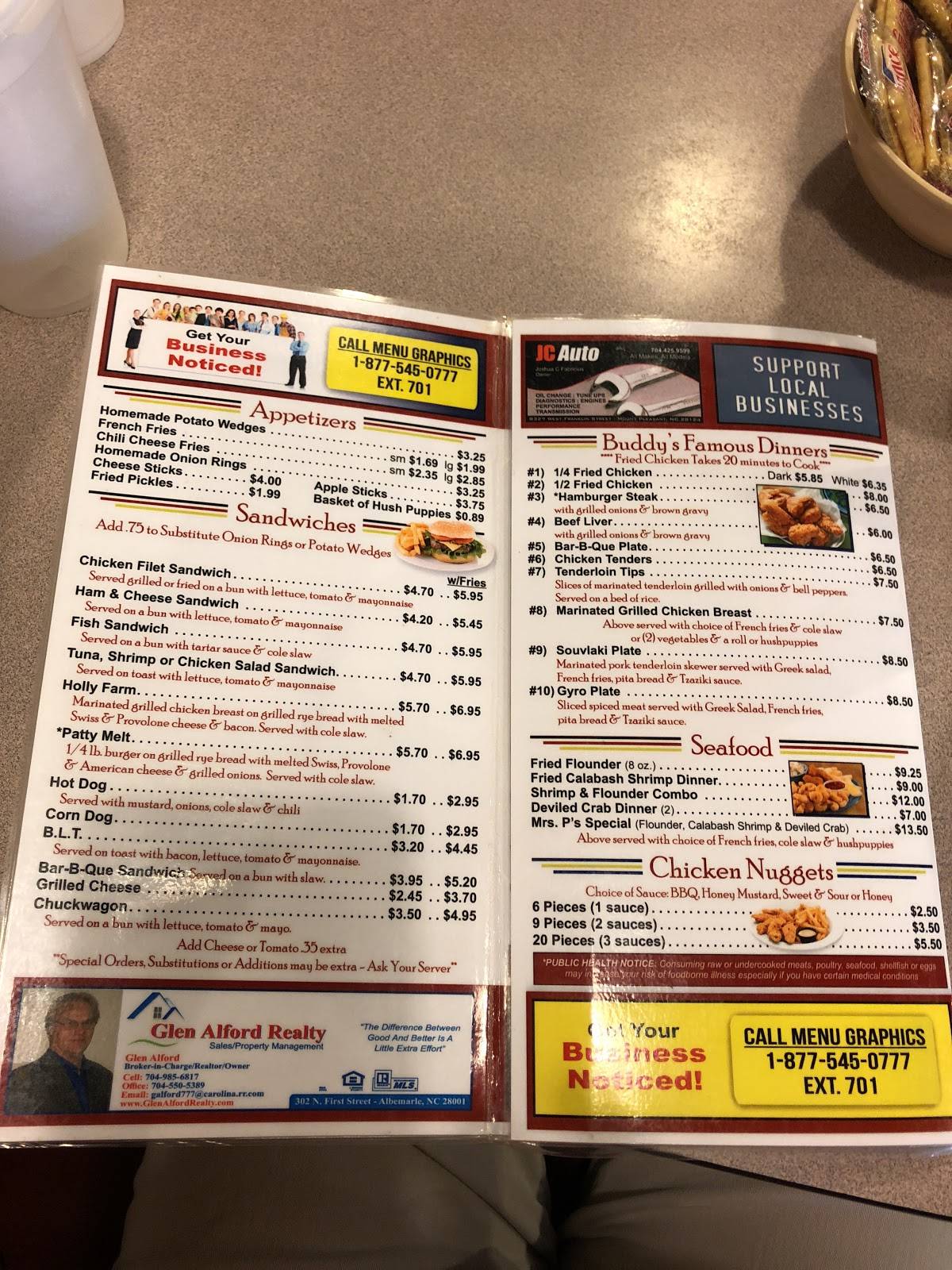 Menu at Buddy's Place restaurant, Mount Pleasant