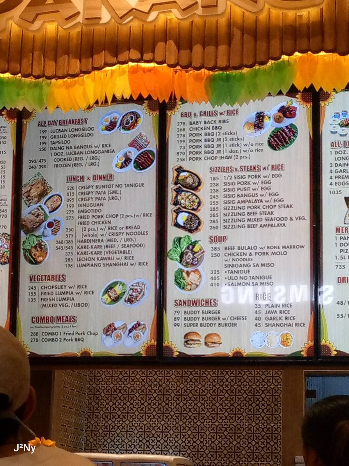 Menu at Buddy's restaurant, Santo Tomas