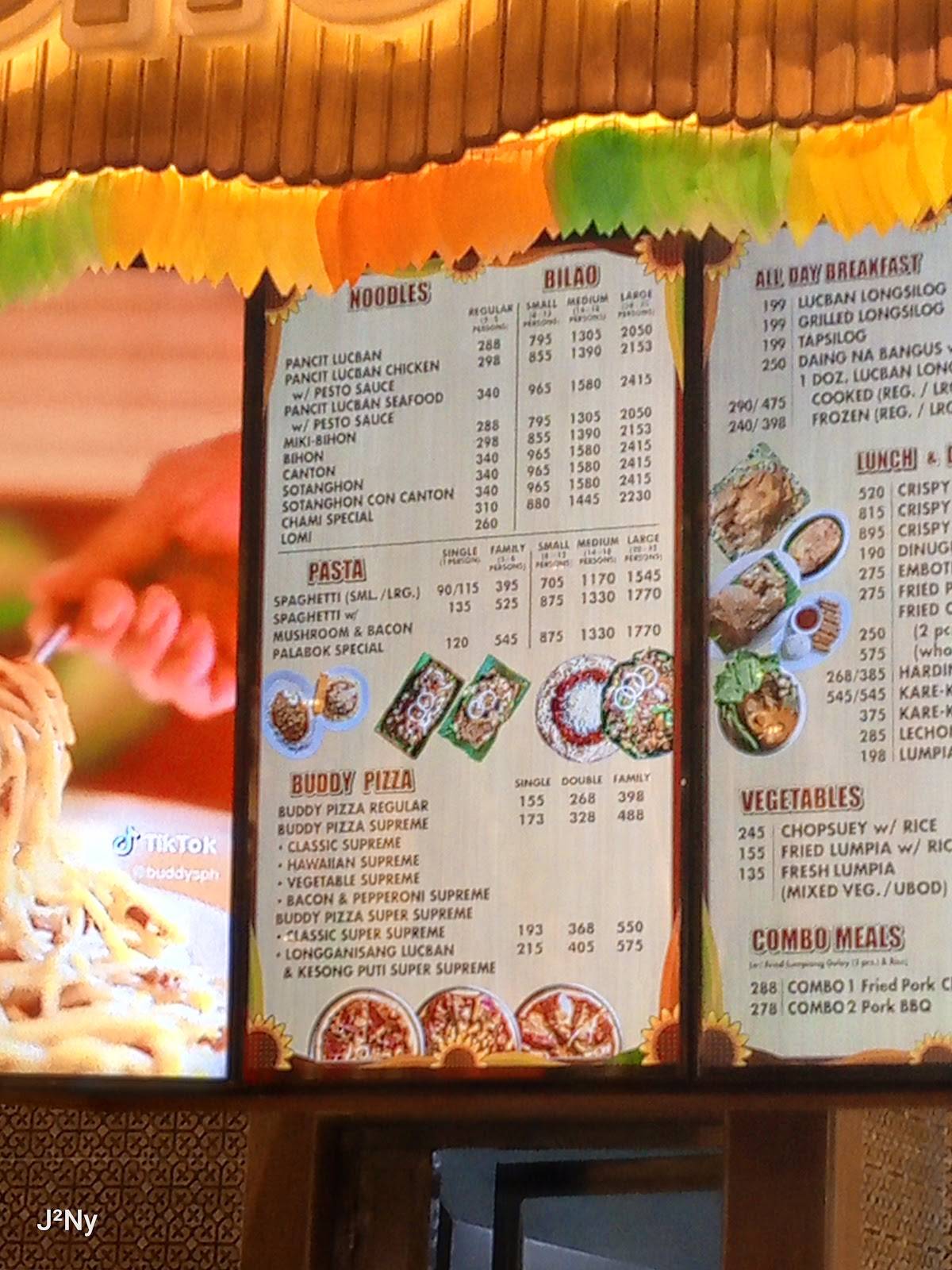 Menu at Buddy's restaurant, Santo Tomas