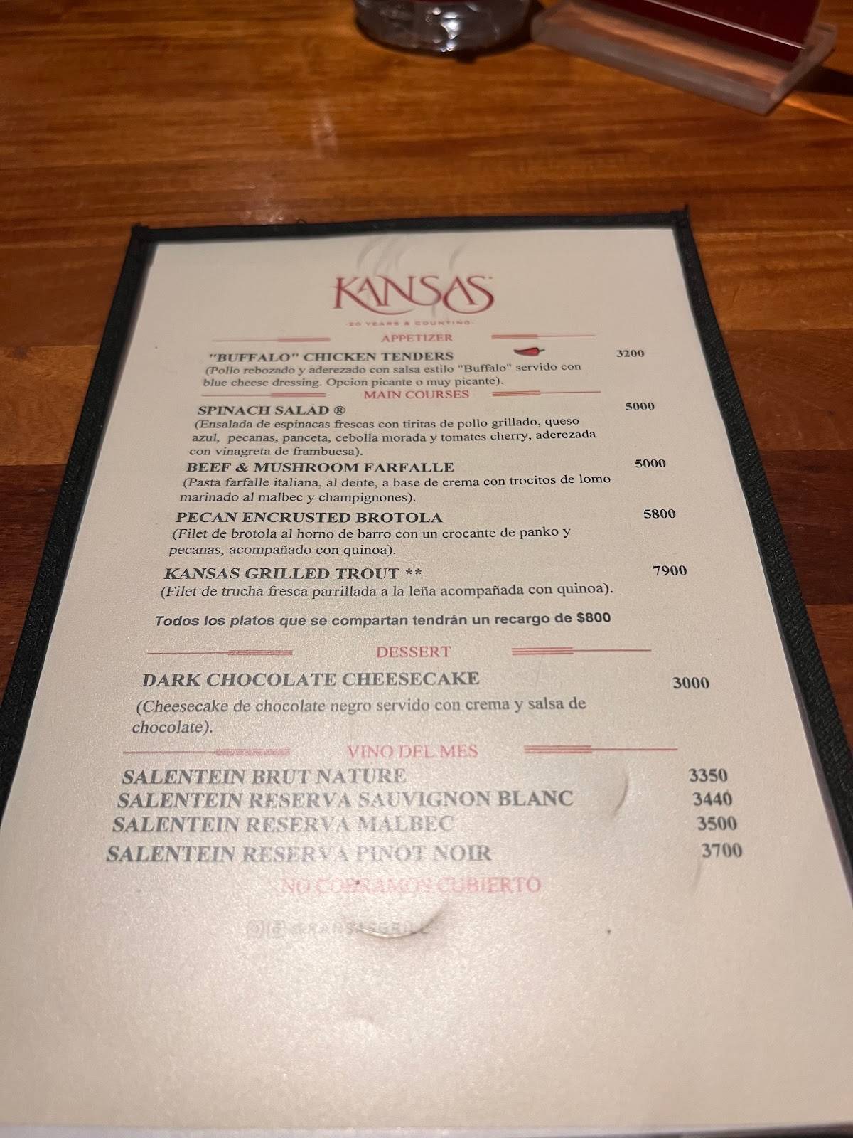 Carta del restaurante Kansas, Buenos Aires, Av. del Libertador 4625
