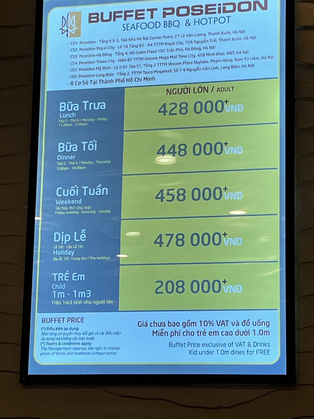 Menu at Poseidon Buffet restaurant, Hanoi