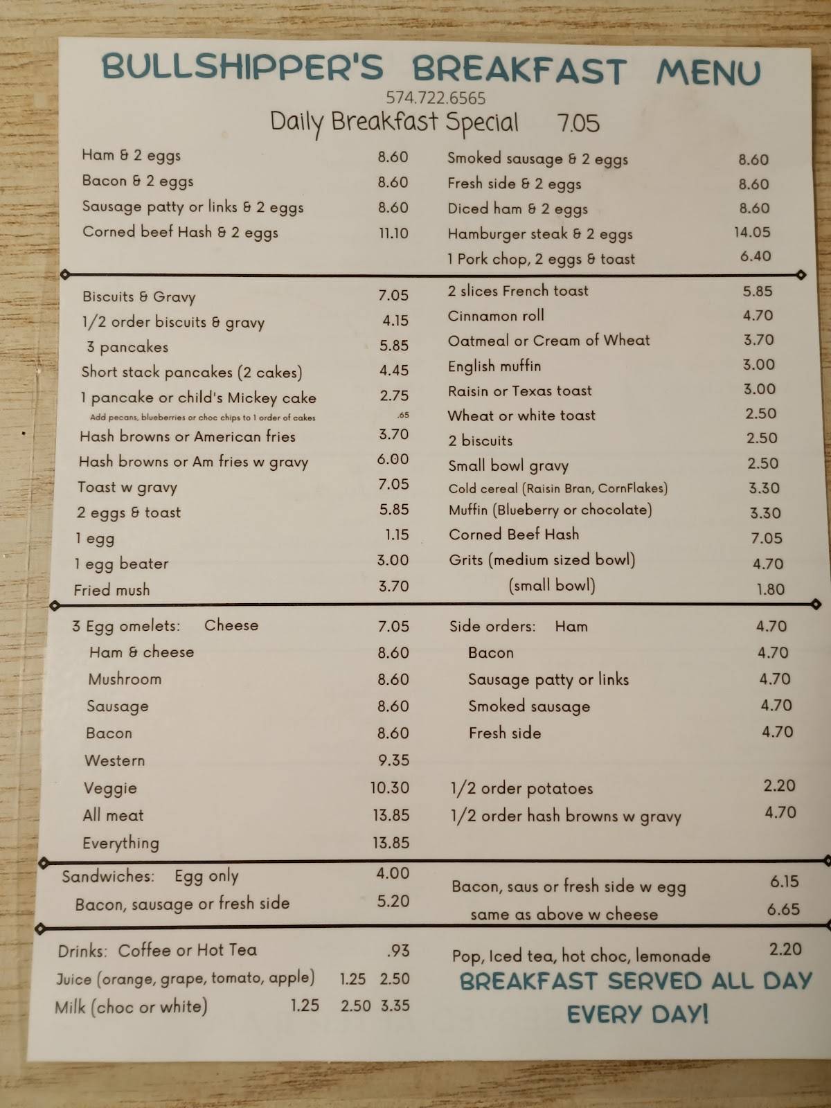 Menu at Bullshippers Cafe, Logansport, 830 E Main St