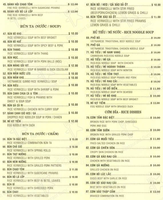 Menu at Bun Ta restaurant, Footscray