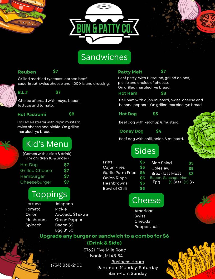 Carta del restaurante Bun & Patty Co., Livonia