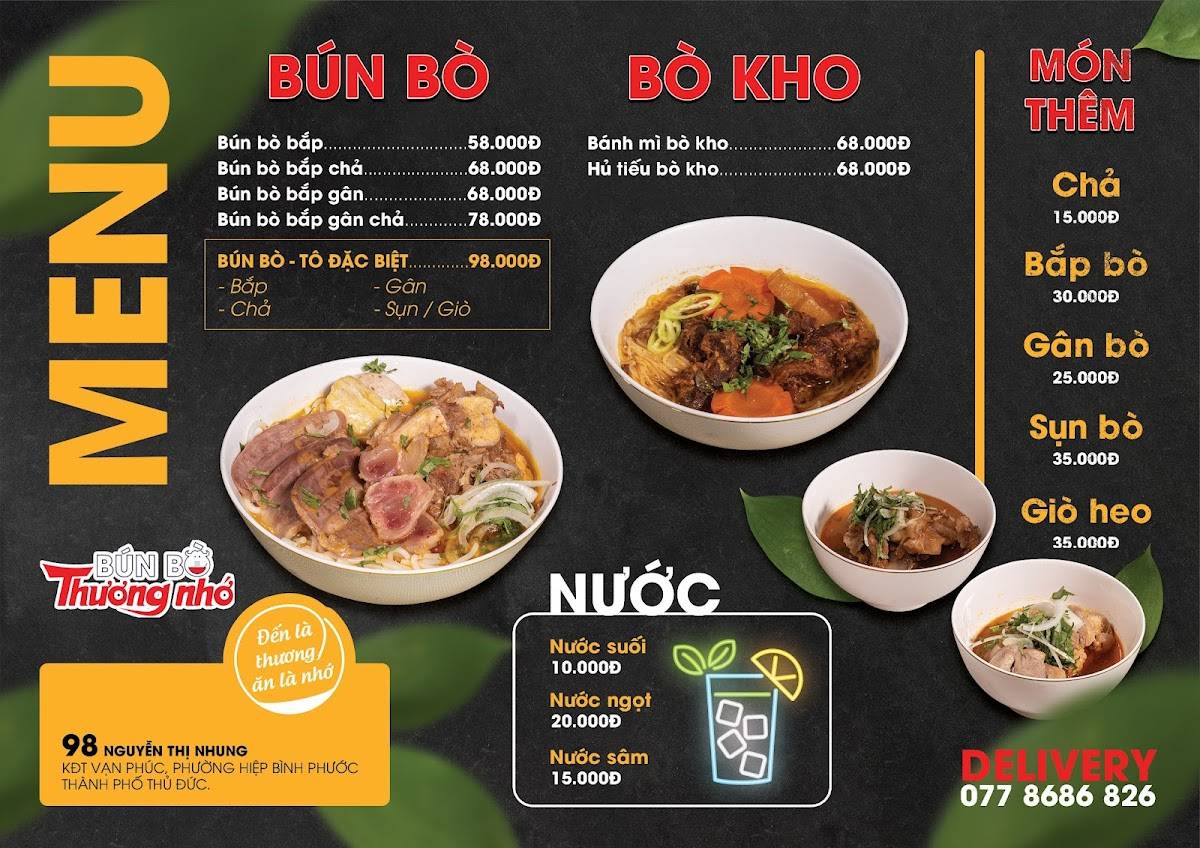 Menu at Bún bò Thương nhớ restaurant, Ho Chi Minh City