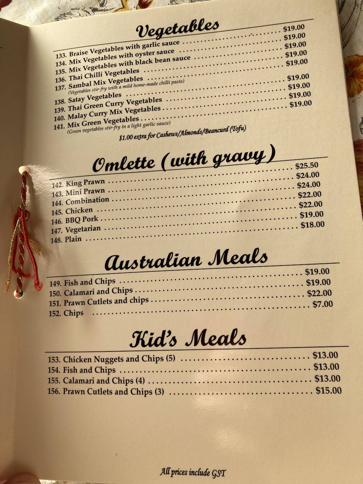 Menu at Bunga Raya Chinese Restaurant, Alstonville, 82 Main St