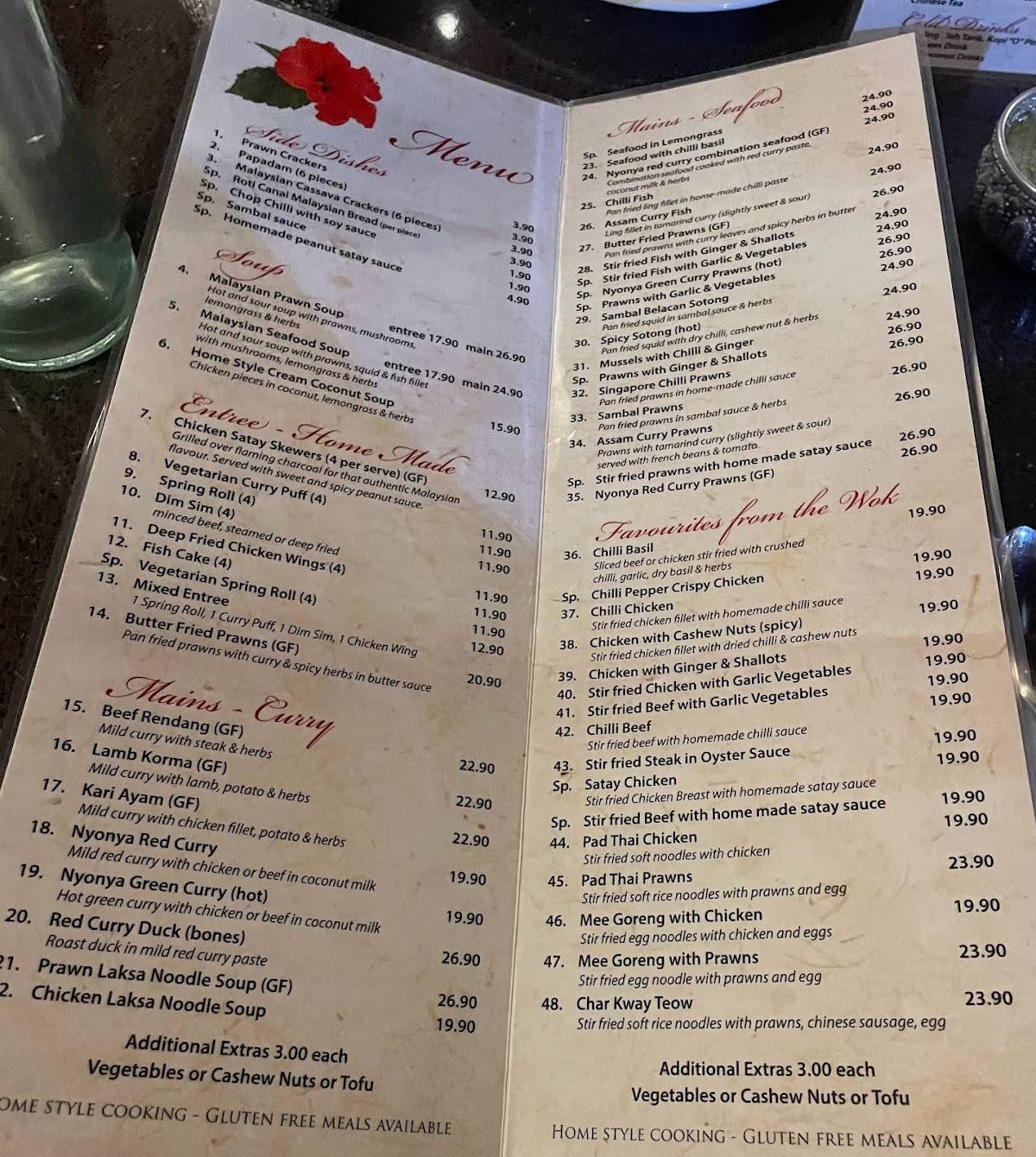 Menu at BungaRaya Satay House Malaysian Restaurant, Merimbula