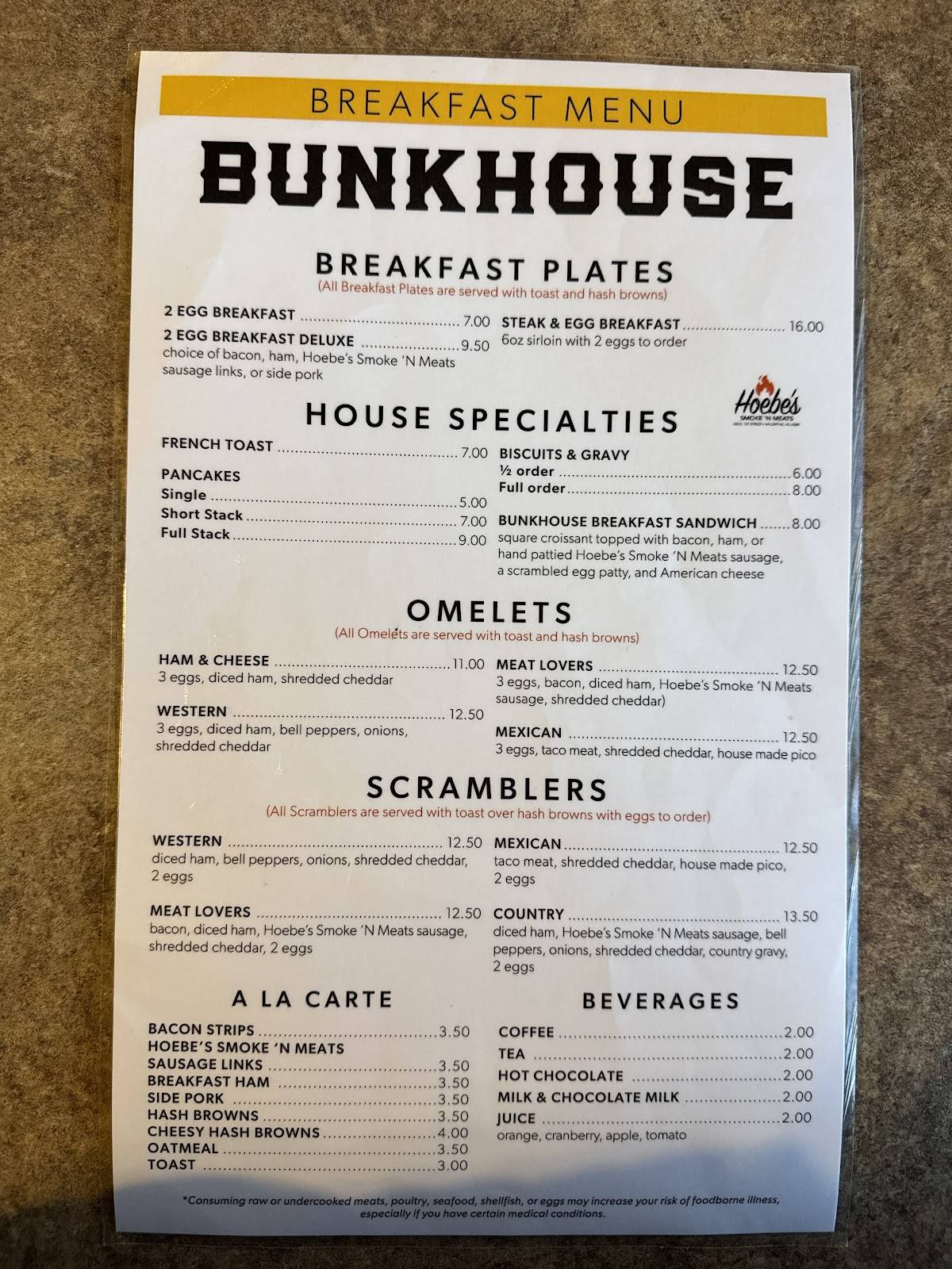 Menu at Bunkhouse Restaurant & Saloon, Valentine
