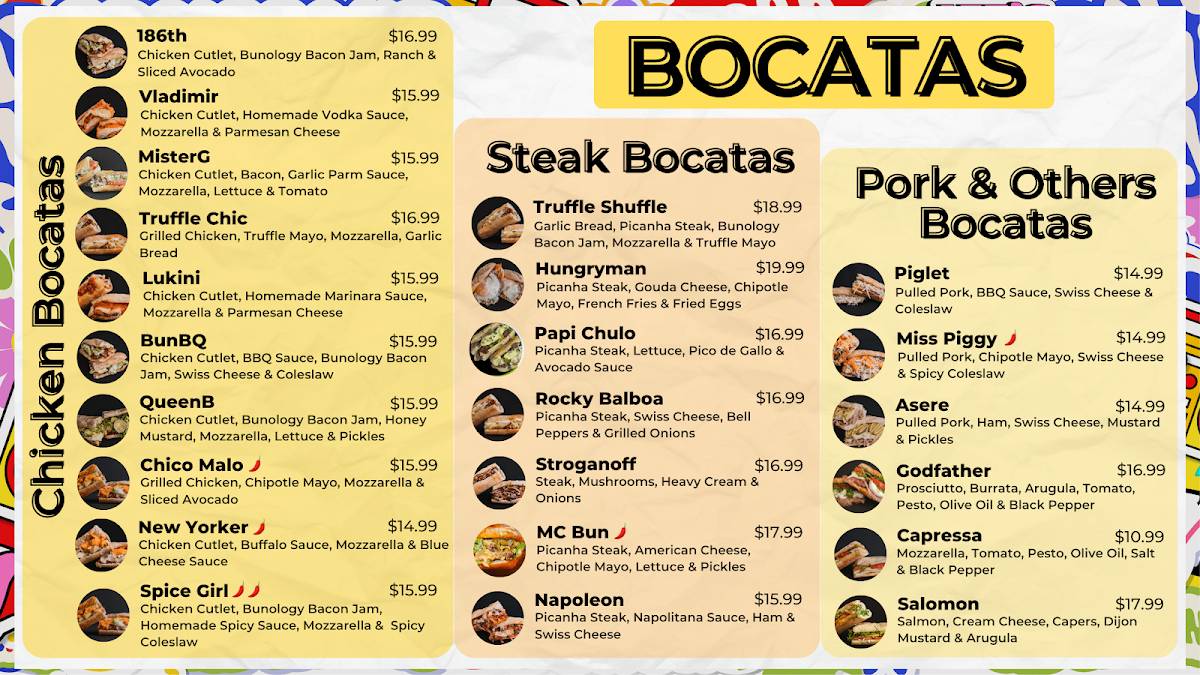 Menu at Bunology restaurant, Hialeah