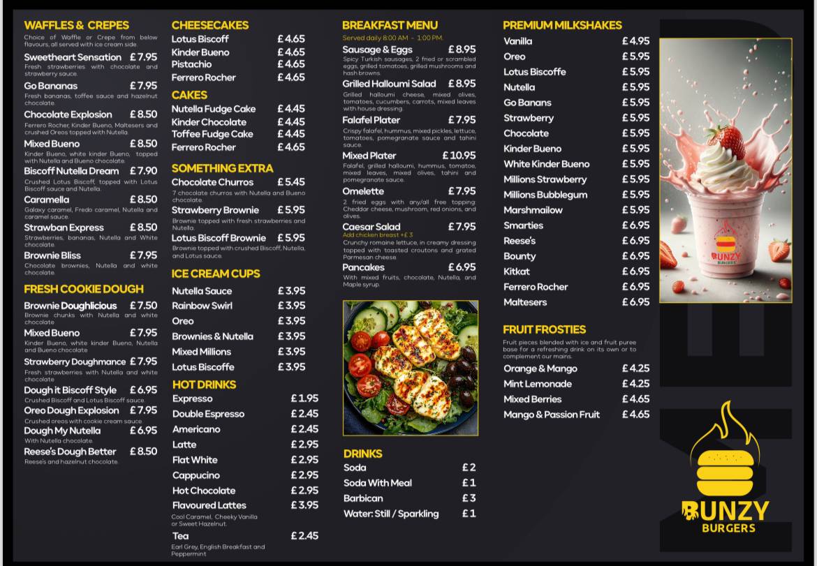 Menu at Bunzy Burgers restaurant, Altrincham
