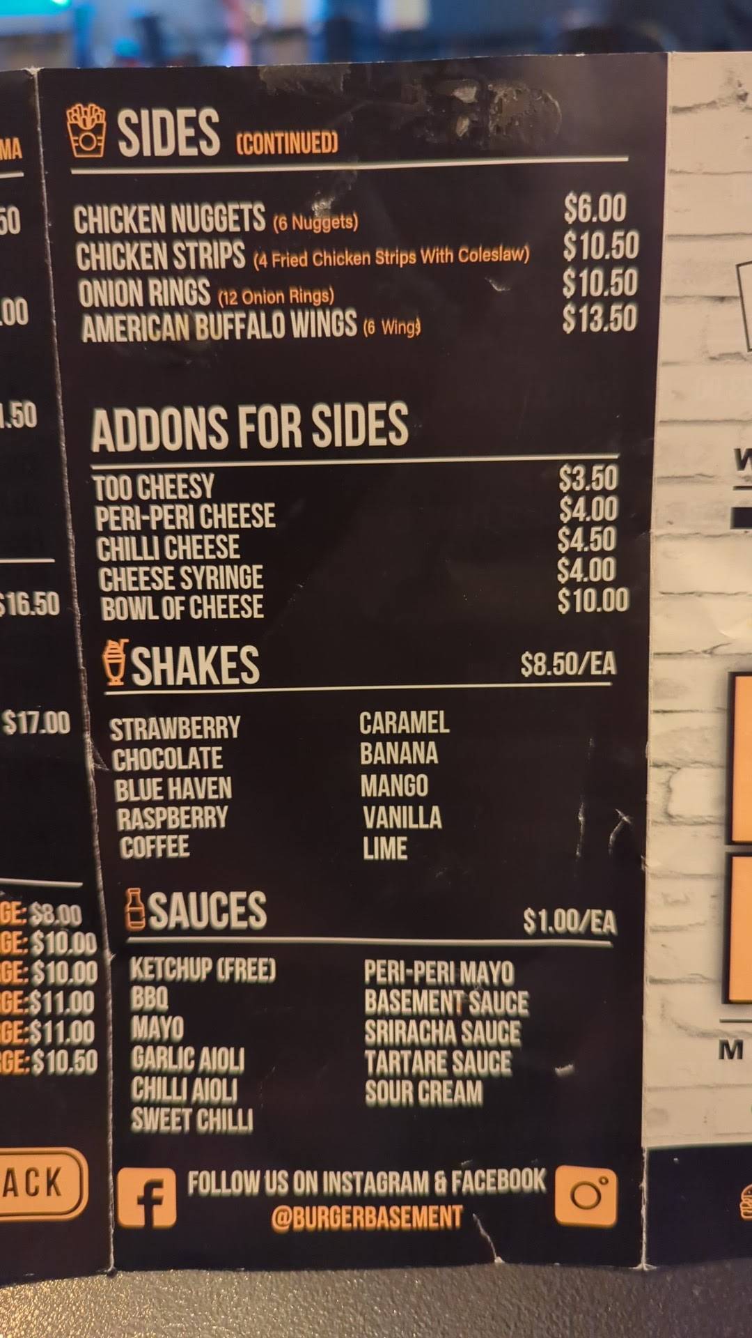 Menu at Burger Basement restaurant, Pascoe Vale