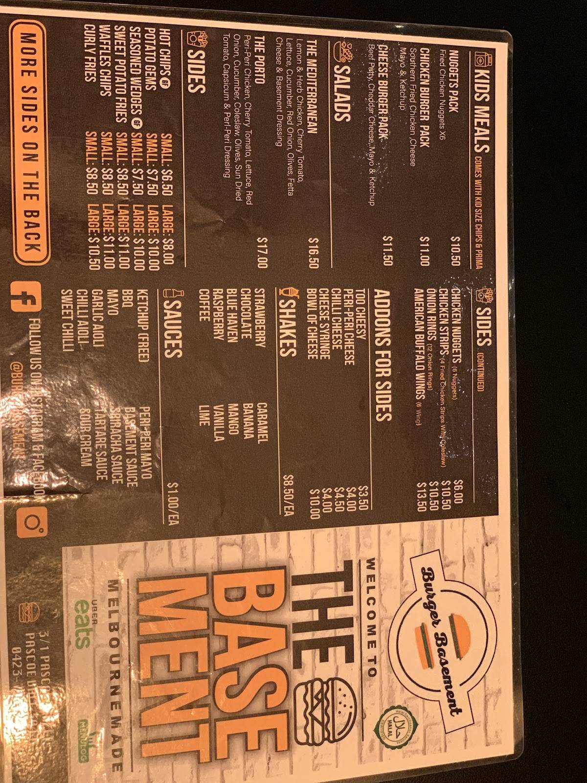 Menu at Burger Basement restaurant, Pascoe Vale