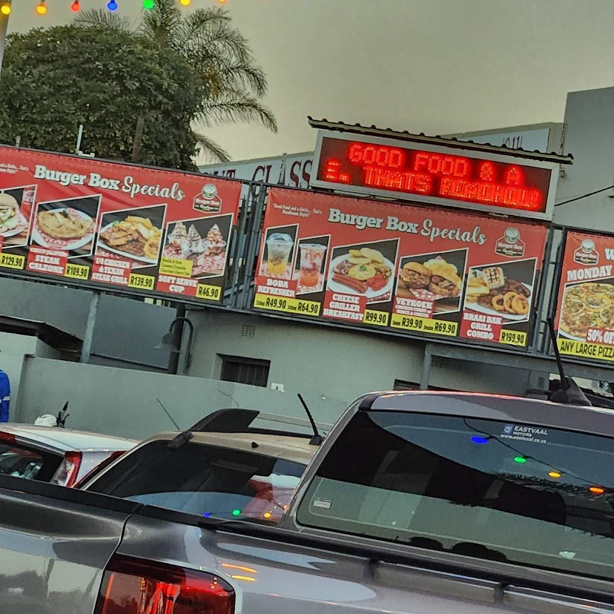 Menu at Burger Box Roadhouse restaurant, Krugersdorp, Gauteng