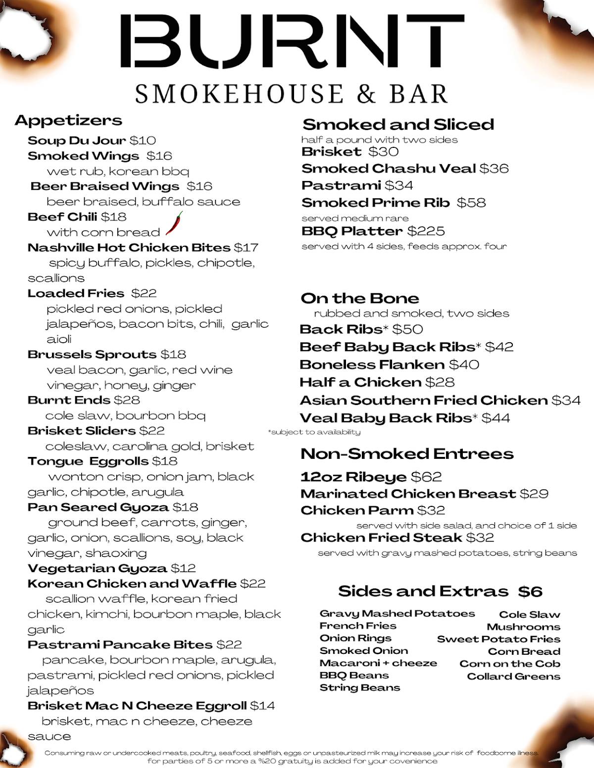 Menu at Burnt Smokehouse & Bar, Boca Raton