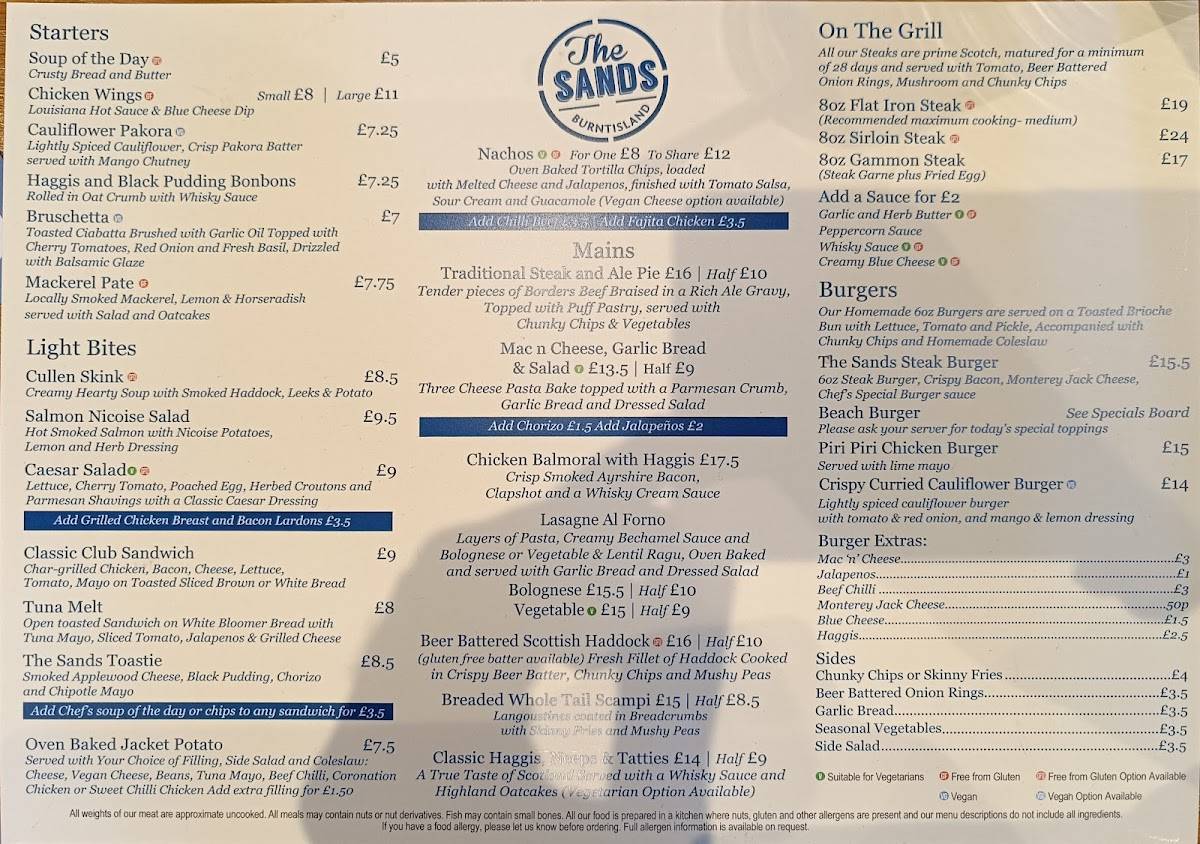 Menu at Burntisland Sands Hotel pub & bar, Burntisland