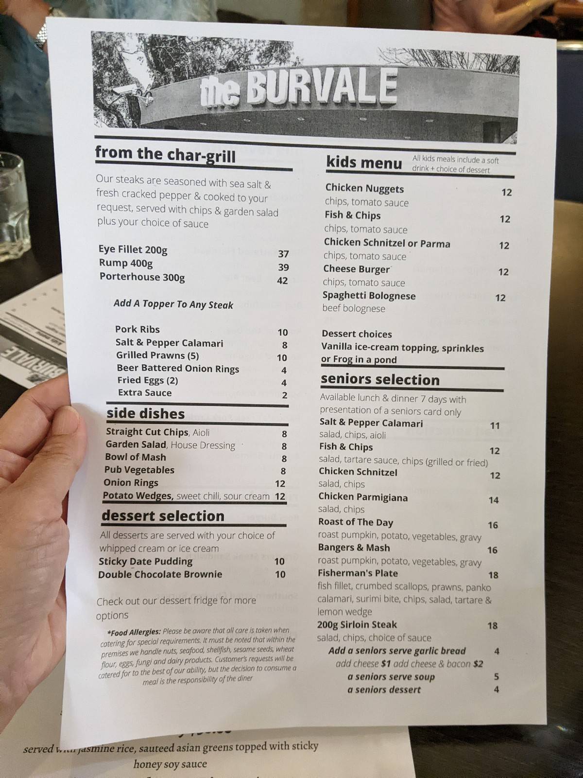 Menu at Burvale Hotel pub & bar, Vermont South