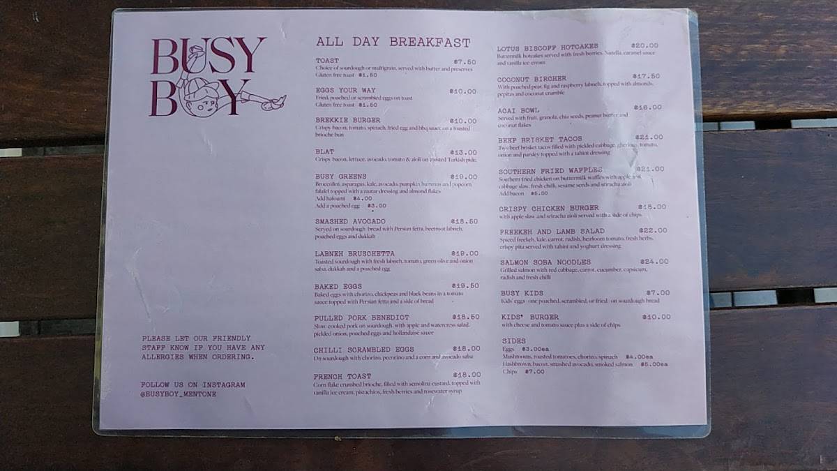 Menu at Busy Boy restaurant, Mentone