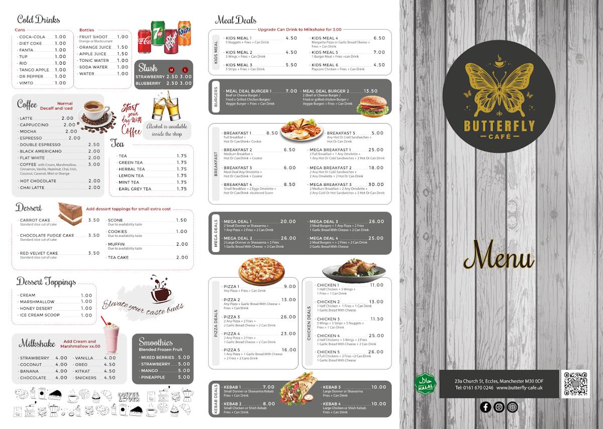Menu at Butterfly Cafe and Bar, Manchester