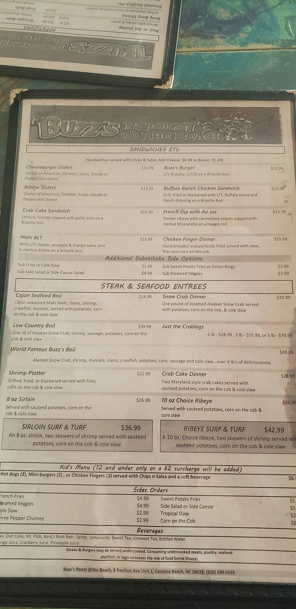 Menu at Buzz's Roost at the Beach pub & bar, Carolina Beach