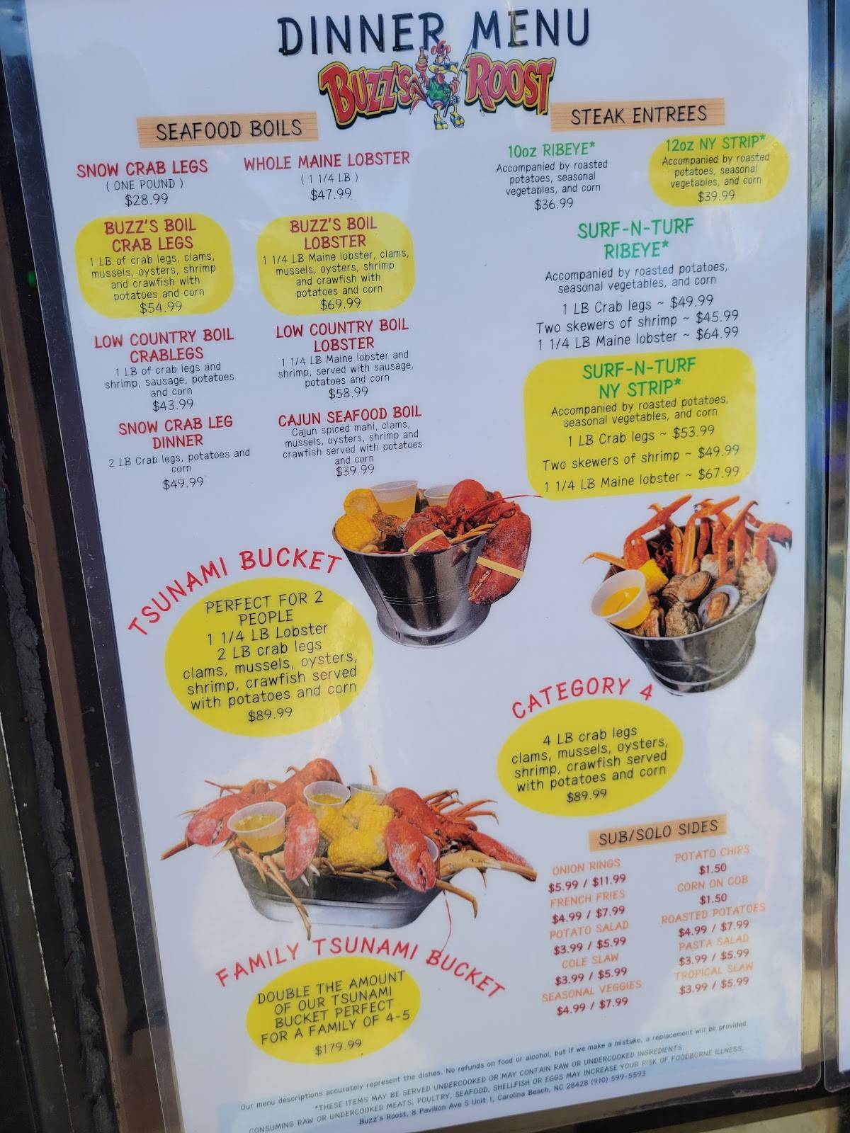 Menu at Buzz's Crab Shack & Seafood pub & bar, Carolina Beach